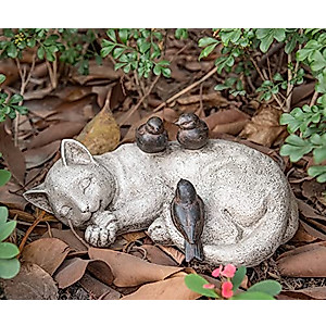 LC LCdecohome Sleeping Cat Garden Statues Outdoor - Sparrows On Cat Figurine 12" x 8" x 4.5"