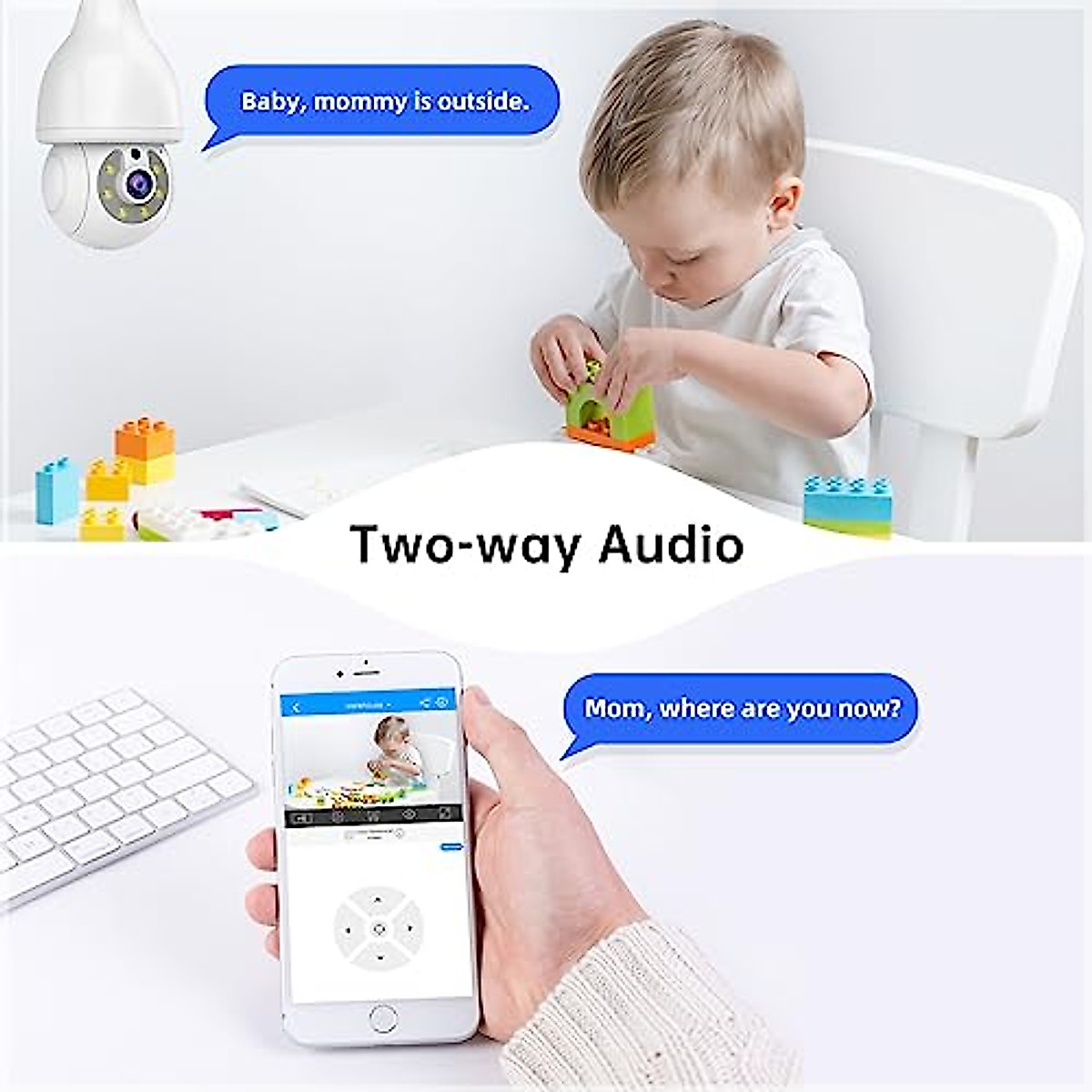 2K HD Light-Bulb Security Camera, Wireless 2.4G&5Ghz Wifi, Work With NVR & 3rd Party Software, RTSP Stream, Work With Alexa, 360° View, Auto Tracking, 2 Way Audio, Motion Detection, Remote View