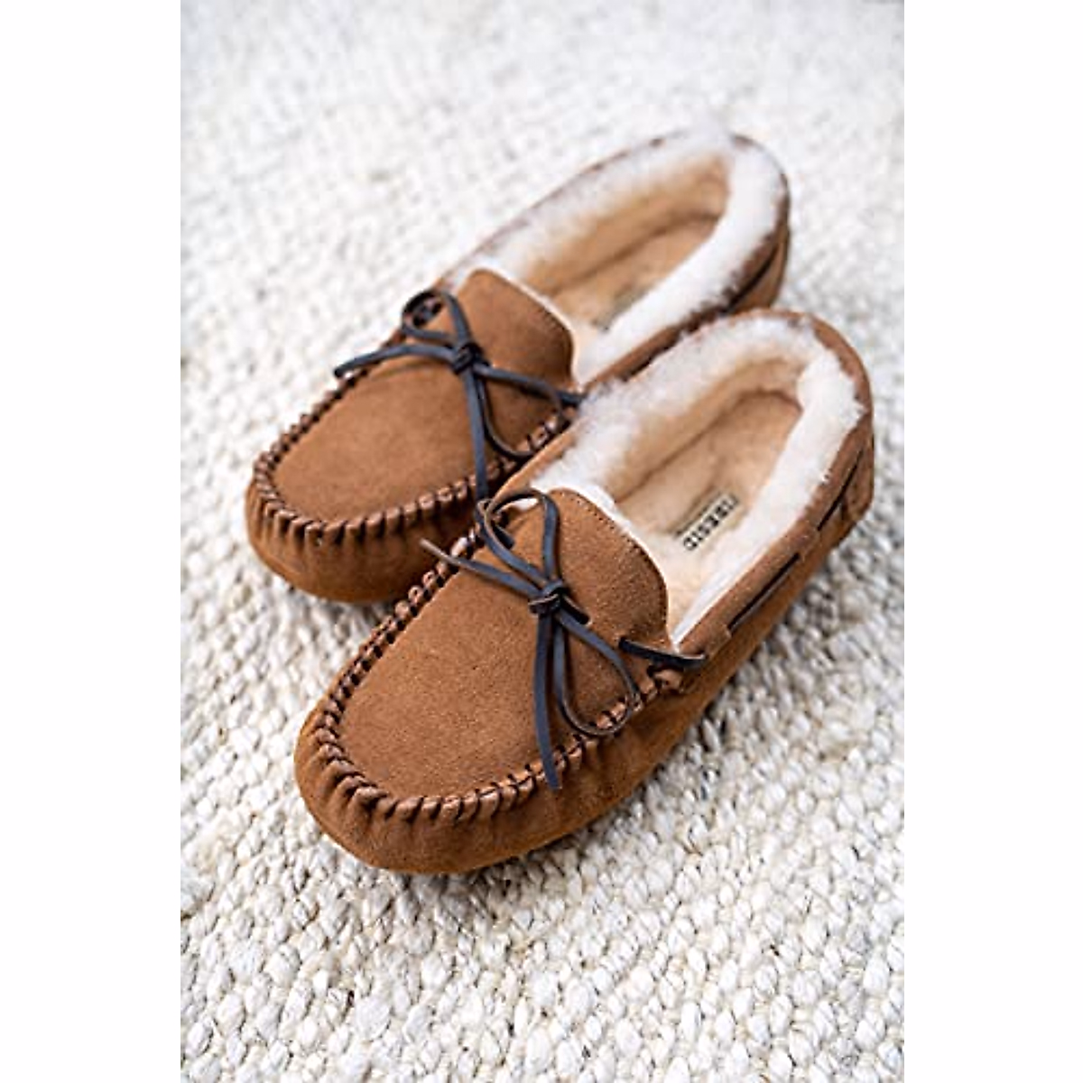 Dearfoams Women's Fireside Water Resistant Indoor/Outdoor Shearling Victoria Moccasin with Tie Slipper, Chestnut,8