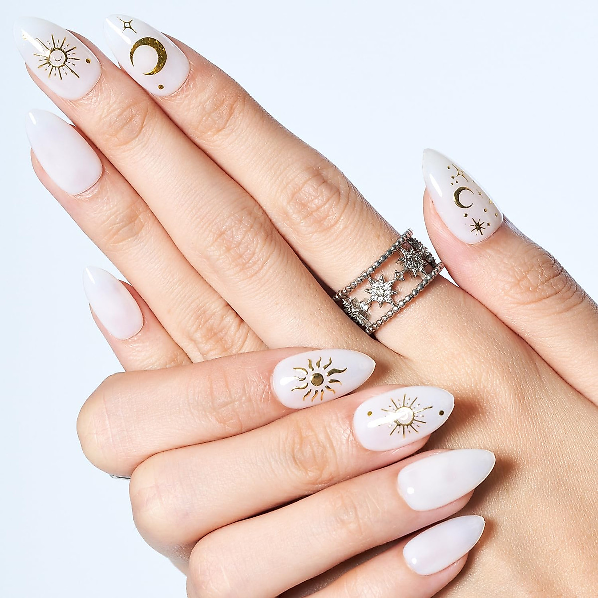 GLAMERMAID White Press On Nails Short Almond, 3D Gothic Handmade Soft Jelly Gel Fake Nails with Golden Star Blossom Design, Round Oval Stick Glue on Nail Kit for Women, Reusable Acrylic False Nail Set