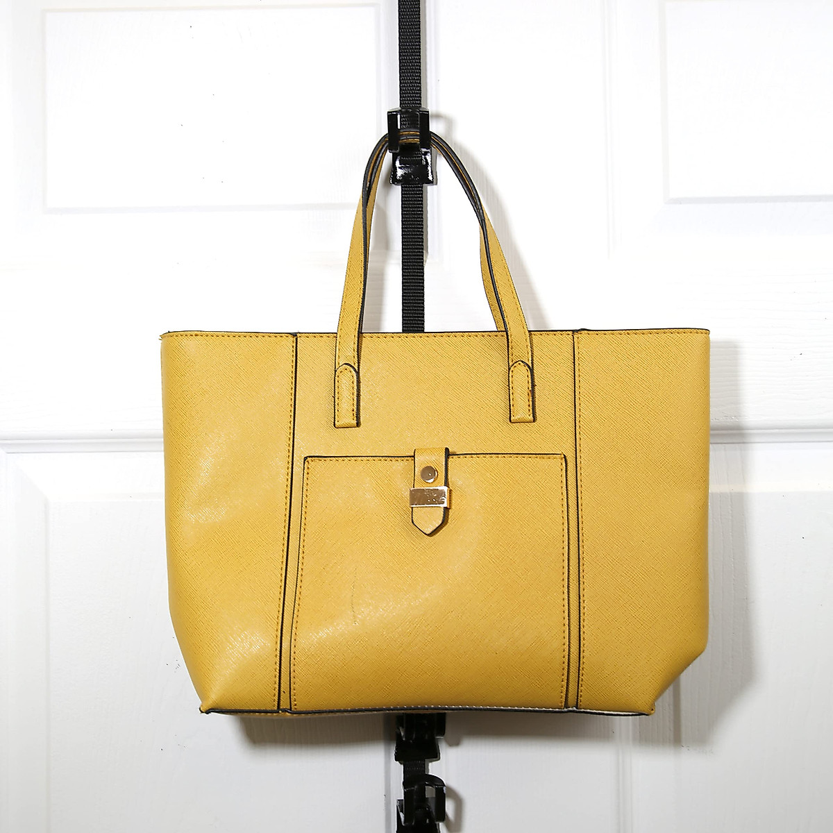 Perfect Curve Purse Rack HPC | Over The Door Purse Organizer | Purse Organizer for Wall | Purse Organizer for Closet | Updated Design | New Clips | Two Straps | Holds Up to 18 Bags | Black