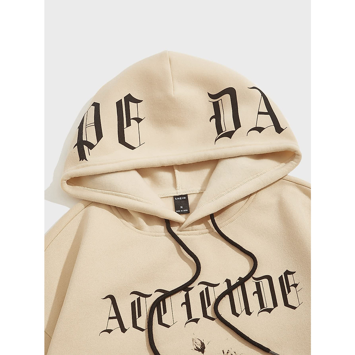 WDIRARA Men's Letter Floral Print Drawstring Long Sleeve Hoodie Casual Sweatshirt Beige L