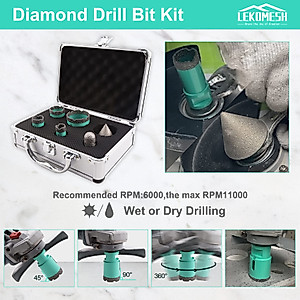 LEKOMESH Diamond Core Drill Bits Set 6pcs Tile Hole Saw Kit for Porcelain Tile Ceramic Marble Brick Concrete with 5/8-11 Thread(20/25/35/50/20mm+20mm Finger Bit+50mm Beveling Chamfer Bit)
