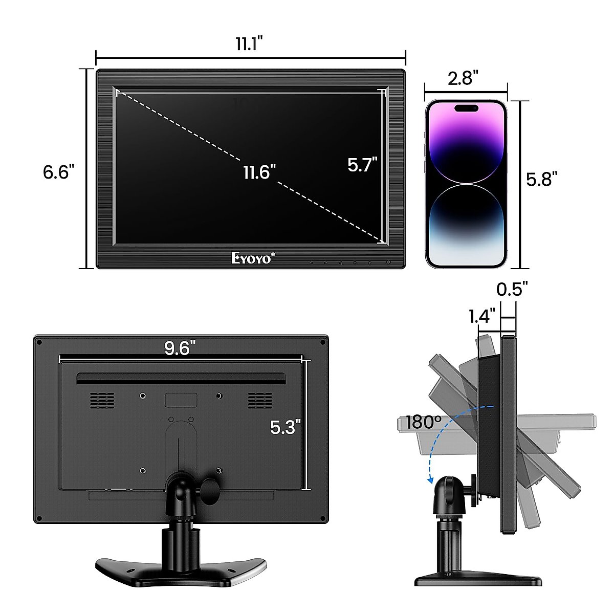 Eyoyo 12" Inch TFT LCD Monitor with AV HDMI BNC VGA Input 1366x768 Portable Mini HD Color Screen Display with Built-in Speaker
