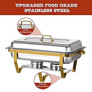 EVGTTI Gold Chafing Dish Buffet Set, Stainless Steel Rectangular Full Size 8 QT Chafers and Buffet Warmer Sets for Catering, Foldable Complete Set with Pan, Lid, Fuel Holder for Event Party (5 Pack)