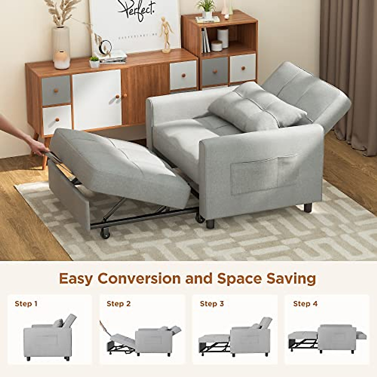 Noelse 34 Inch Sleeper Sofa Chair, 3-in-1 Convertible Sofa Chair Pull Out Chair Bed with Adjustable Backrest, Single Armchair for Living Room Apartment (Light Grey)