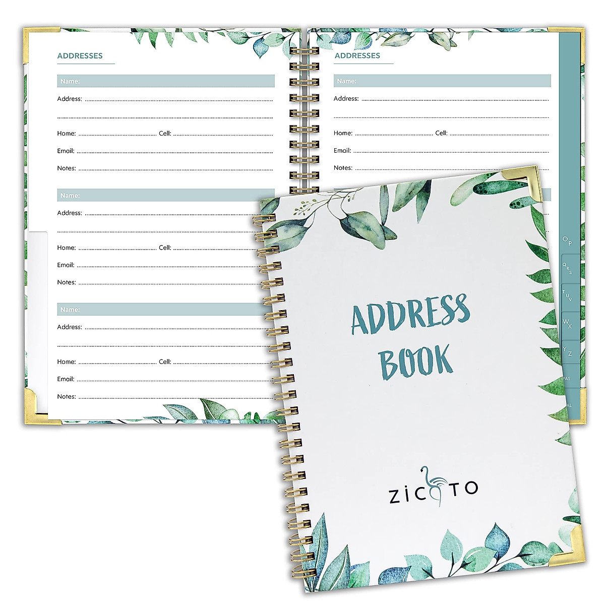 Simplified Greenery Address and Password Book with Alphabetical Tabs - The Perfect Spiral Bound Address Organizer incl. Address Labels, Contact and Phone Section