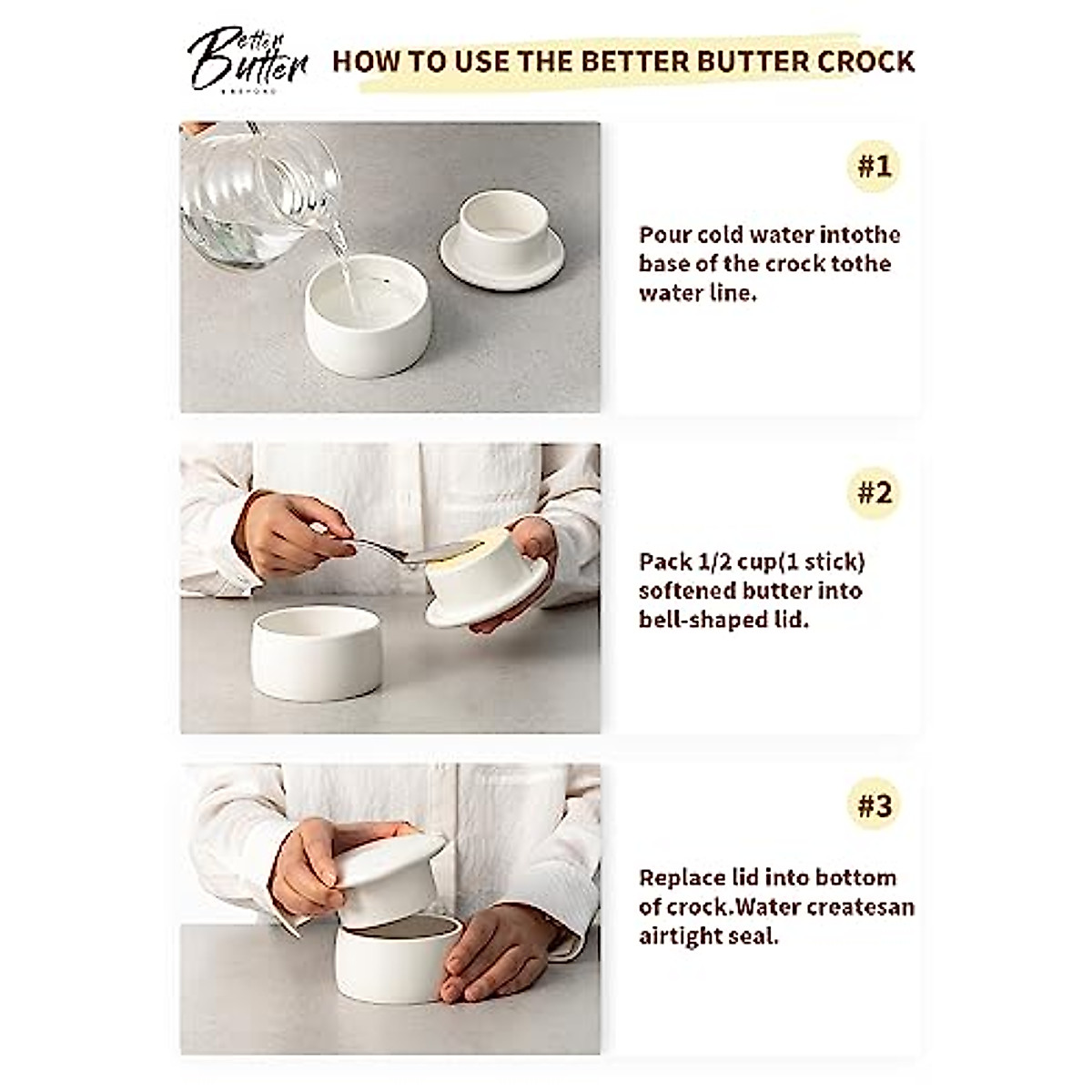 Butter Crock, French Butter Keeper - Fresh Soft Butter without Refrigeration, White, Porcelain - Better Butter & Beyond