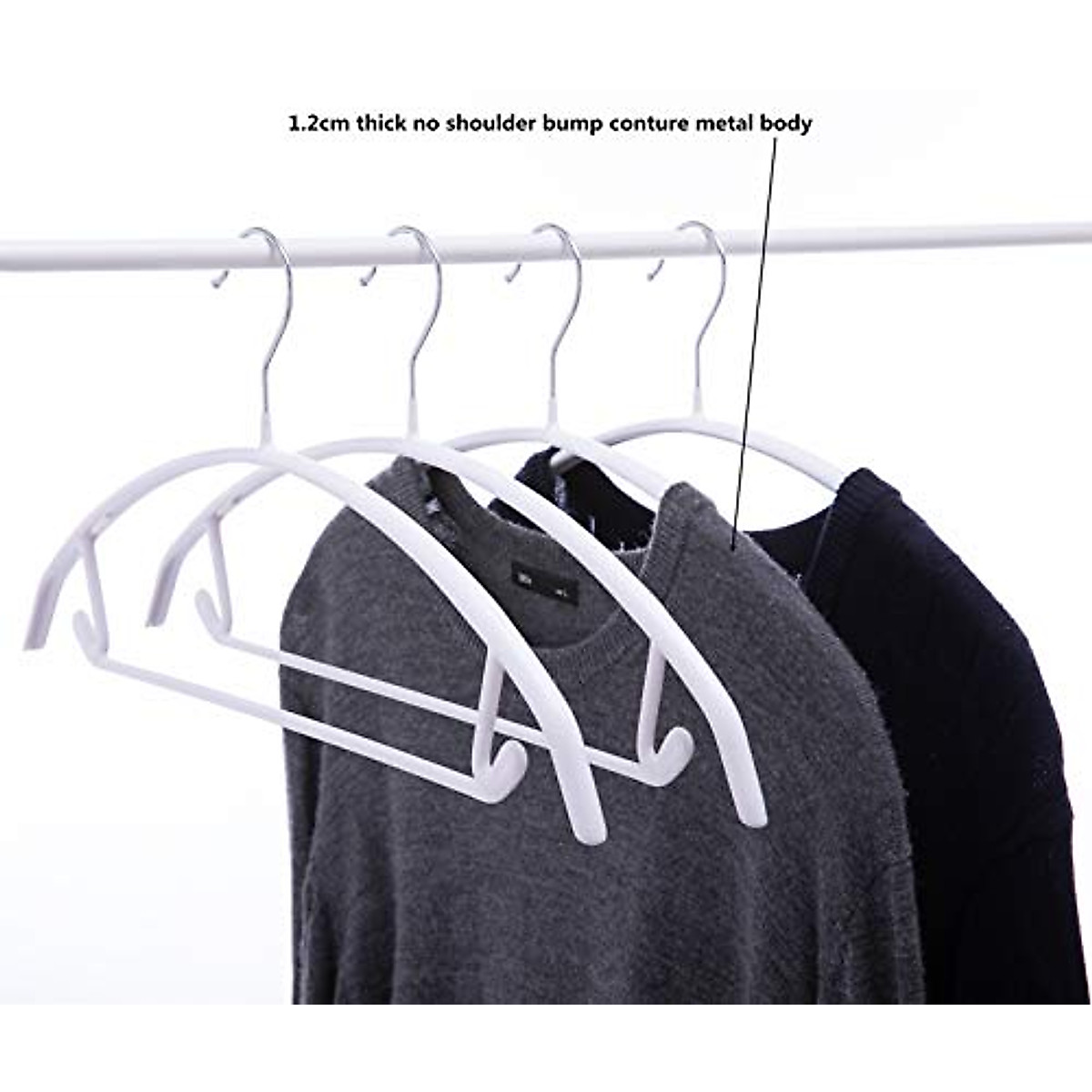 Cocomaya 16.5 Inch White No Shoulder Bumps No Mark Non-Slip Rubber Coated Contour Metal No Bumps Hanger, Sweater Hanger, T-Shirt Hanger Suit Hanger with Pants Bar Pack of 10 (White, 10)