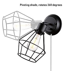 Globe Electric 65291 1-Light Plug-in or Hardwire Industrial Cage Wall Sconce, Matte Black Finish, On/Off Rotary Switch, 6ft Clear Cord, Wall Lights for Bedroom Plug in, Kitchen Sconces Wall Lighting