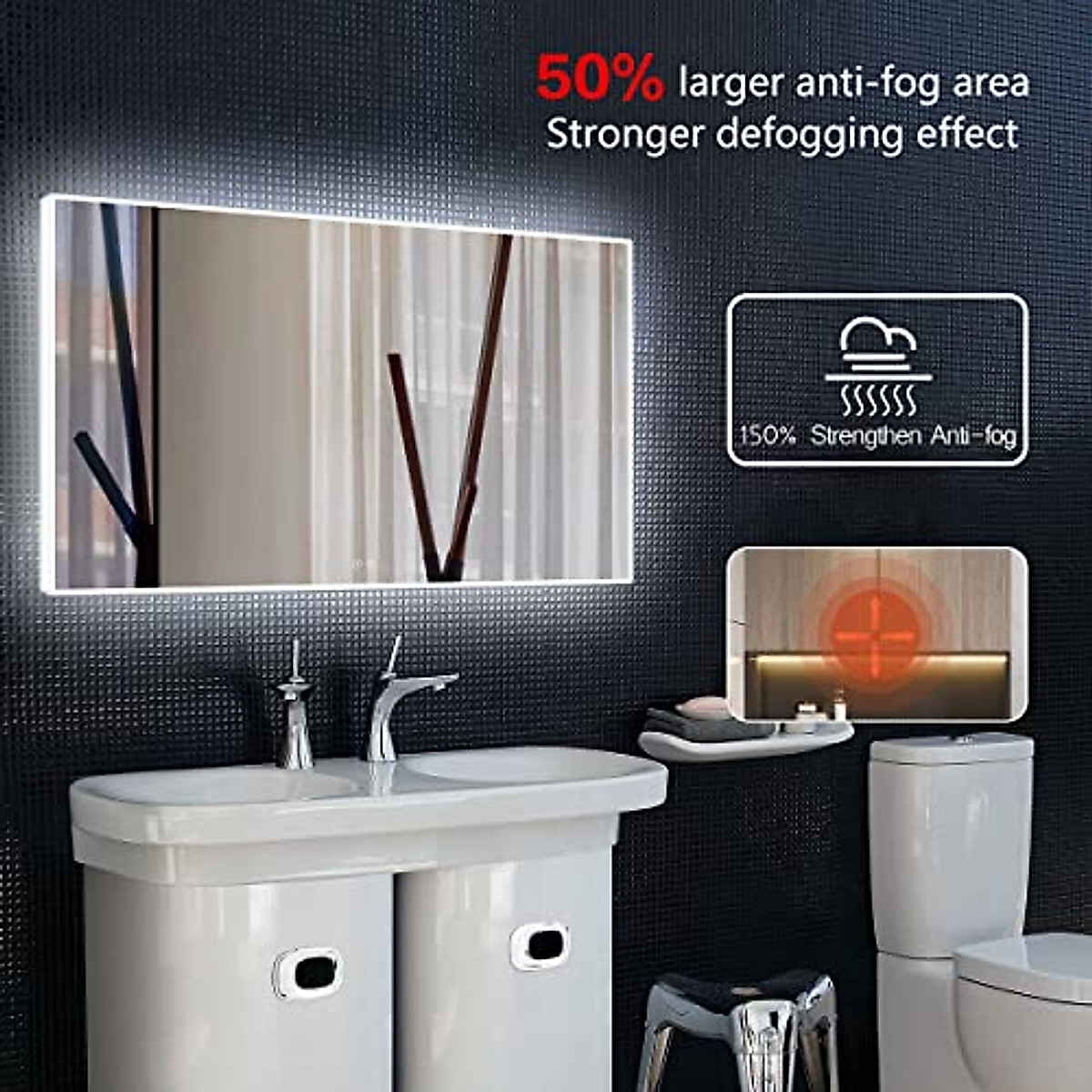 DP Home Makeup Wall-Mounted Mirrors, LED Backlit Frameless Wall Mirror, HotelBathroom Vanity Mirror with Touch Button, Anti Fog, Dimmable, Vertical & Horizontal Mount, 60 x 28 in (E-CK010-CG)