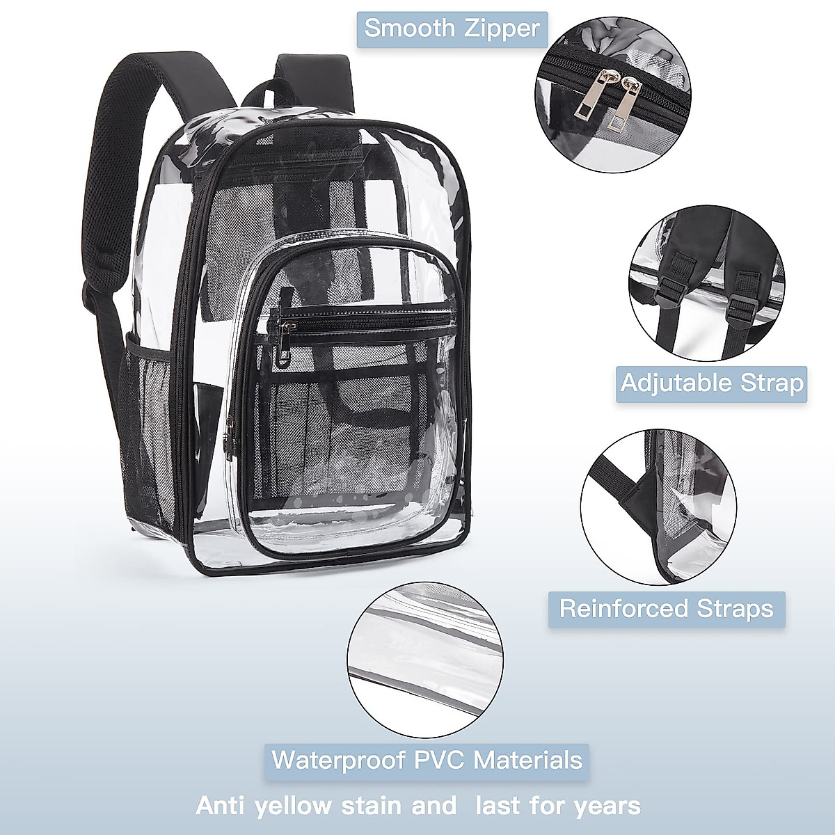 Telena Clear Backpack, Heavy Duty TPU See Through Bookbag Transparent Backpack for College - Black