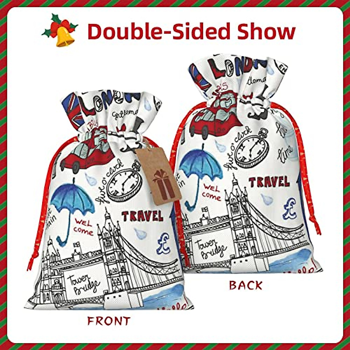 Londonchristmas Drawstring Gift Bag, Linen Drawstring Gift Bag, Reusable Drawstring Gift Bag, Used For Christmas, Birthday, Wedding Supplies