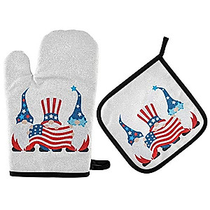 Tamniee 4th of July Oven Mitts Kitchen Patriotic Gnome Pot Holder Set Independence Day American Flag Decor Cooking Stove Gloves Heat Resistant Hot Pads Recycled for BBQ Baking Grilling