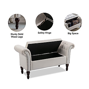 QUINJAY Velvet Tufted Upholstered Storage Bench, Cream, 33.5 in L x 16.5 in W x 26 in H