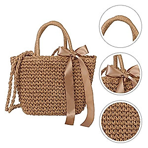 Amosfun straw purse crochet bag tote large beach with zipper rattan bags for women- Woven Handbag Woven Bag Beach Bag Storage- Bag Grass Bag Cross- body Bag