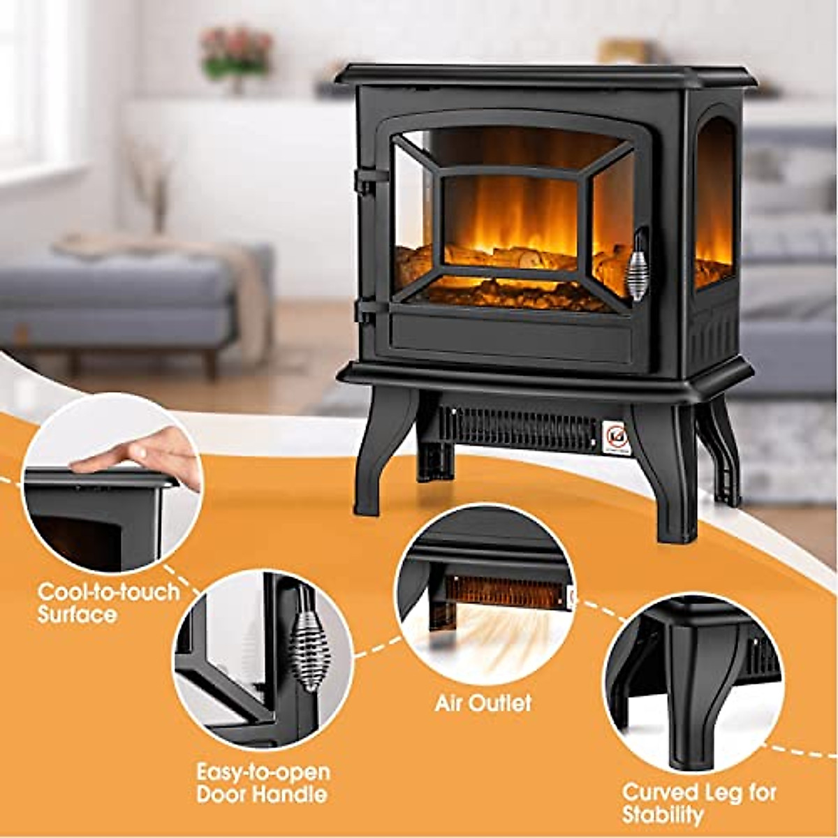 Fireplace Heaters for Indoor Use, Freestanding Electric Infrared Heater, 20" Portable 1500W/4780BUT Stove Heater w/Adjustable Thermostat, 3D Realistic Log Flame, CSA Certified, Overheat Protection