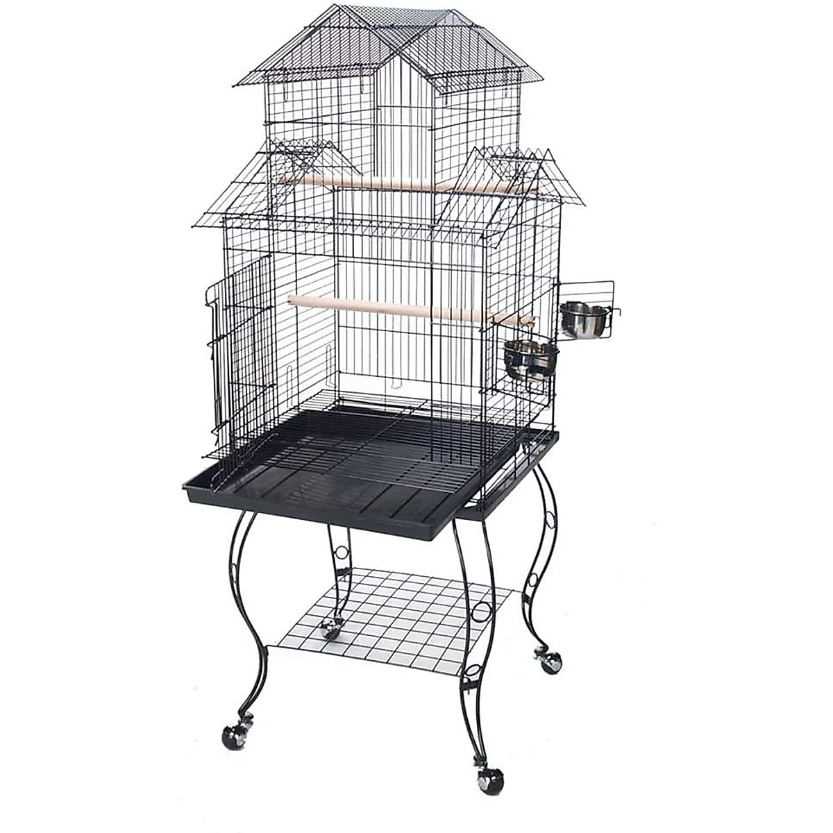 55" Rolling Standing Triple Roof Top Medium Bird Cage for Mid-Sized Parrot Cockatiel Sun Parakeet Green Cheek Conure Caique Pet Bird Cage with Detachable Stand