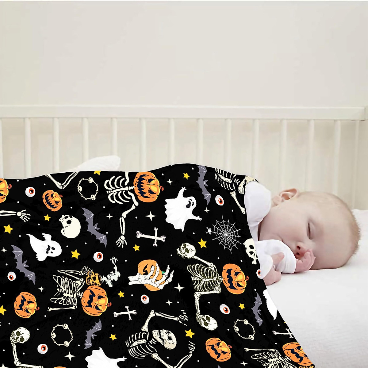 Skeleton Halloween Pumpkin Blanket Gifts for Kids Boys - Funny Skeleton Face Spooky Ghost Spider Webs Bats Halloween Birthday Party Favor Decorations - Super Cozy Flannel Sheet Sofa Decor - 40" X 30"