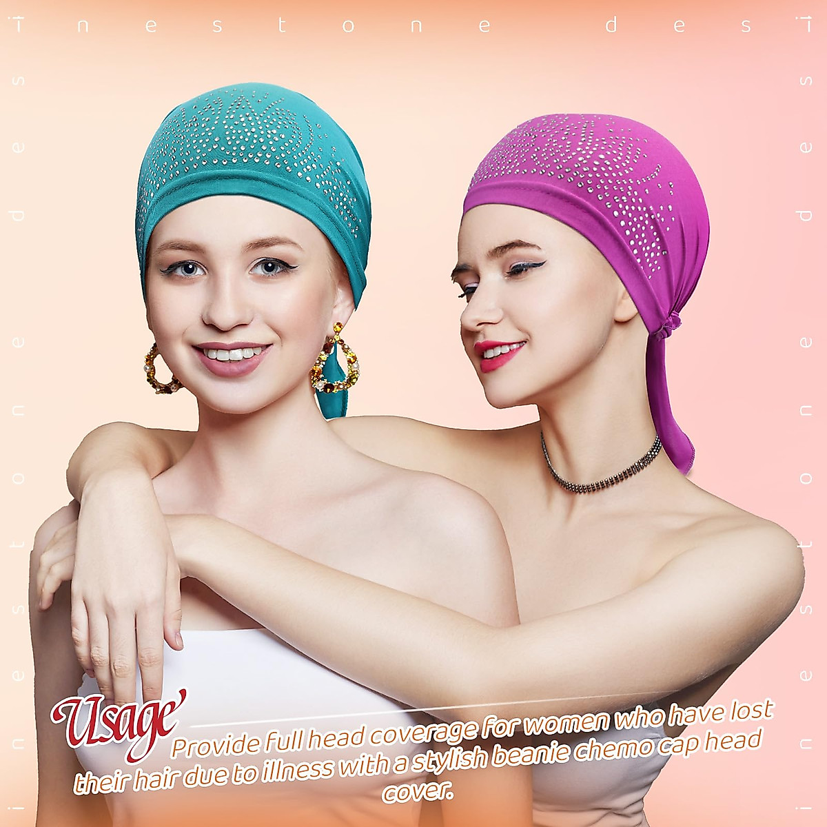 Jiuguva 12 Packs Rhinestone Head Scarf Women Stretchy Head Wrap Bandana Beanie Pre Tied Durag Turban Cap Skull Cap Headbands