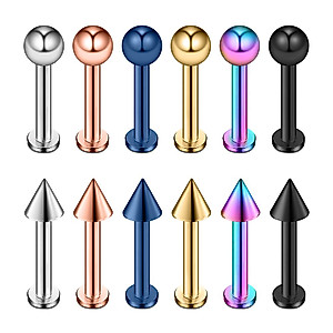 Ruifan 12PCS Assorted Colors Stainless Steel Ball & Spike Labret Monroe Lip Ring/Tragus/Helix Earring Stud Barbell Body Piercing Jewelry 12G 12mm