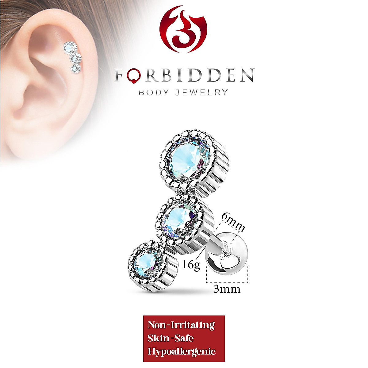 Forbidden Body Jewelry 16g Surgical Steel Cartilage Stud Earring with Curved Triple Round CZ Crystals (Aurora Borealis)