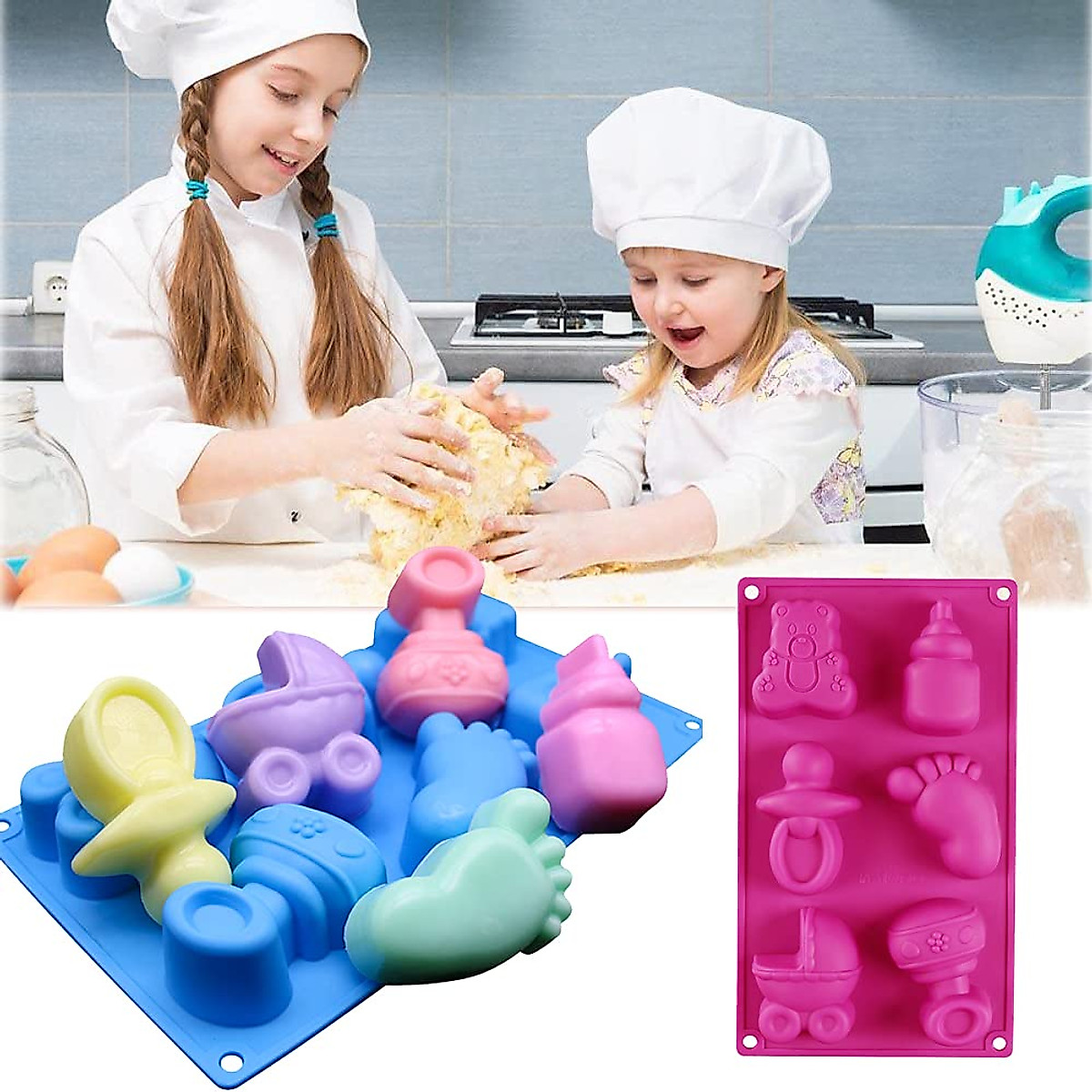 2 Pack Cute Baby Silicone Molds, 3D Baby Shower Themed Baking Mould, Cake Decorating Tools for Chocolate, Soap, Sugar Craft, Candy, Cupcake Topper, Polymer Clay