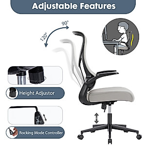 High Back Office Chair Flip up Arms, Desk Chair with Lumbar Support and Wheels Ergonomic Mesh Chair Adjustable Height Work Chair for Home Office, Grey