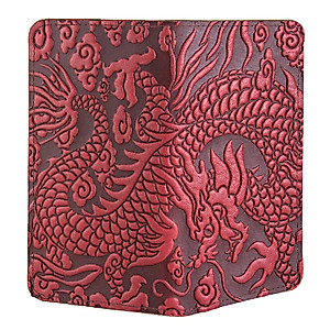 Oberon Design Cloud Dragon Embossed Genuine Leather Checkbook Cover, 3.5x6.5 Inches, Red, Made in the USA