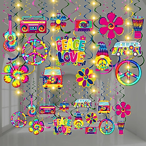 Skyygemm 56 Pcs 60s Hippie Hanging Decorations with Lights Groovy Retro Hippie Hanging Swirls Flower Peace and Love Bus Cutouts Tie Dye Ceiling Streamers for Birthday Baby Shower Supplies Favors