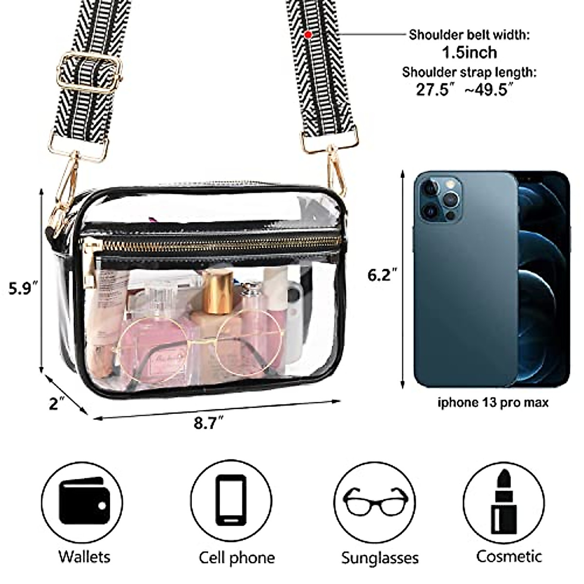 WEDDINGHELPER Clear Crossbody Bag, Clear Bag Stadium Approved Clear Purse with Adjustable Strap for Sports Concerts Festivals Events (Black-color1)