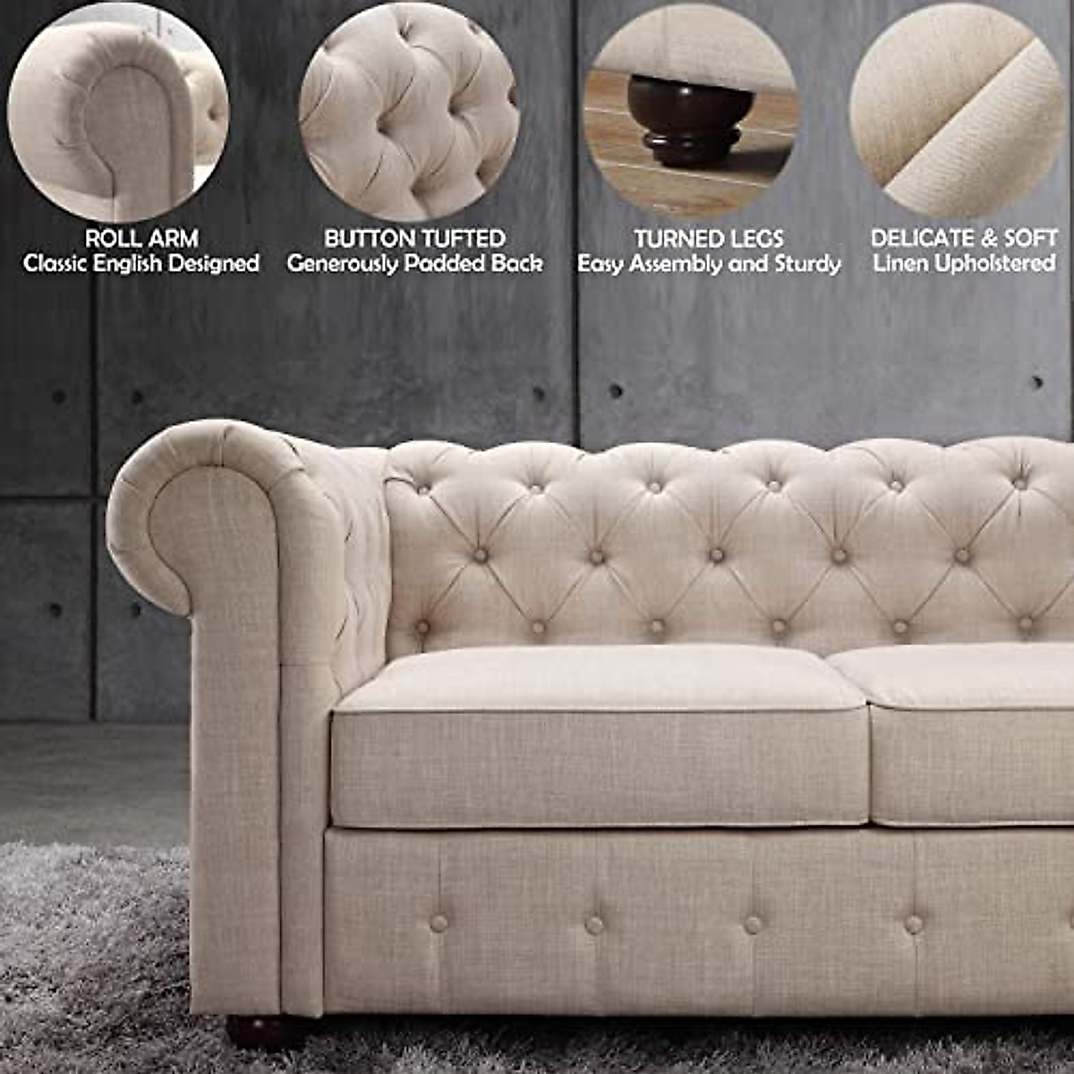 Rosevera Genevieve Upholstered Fine Polyester Collection Tufted Loveseat Couch, Contemporary Chesterfield Armrest,Sectional Sofa for Living Room Apartment, 3SEAT, Beige 3SEAT