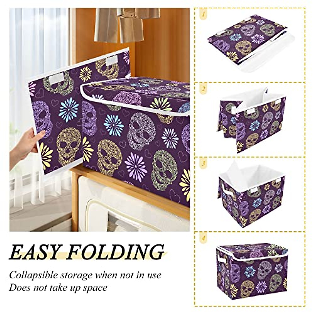 innewgogo Skulls Storage Bins with Lids for Organizing Cube Cubby with Handles Oxford Cloth Storage Cube Box for Toys