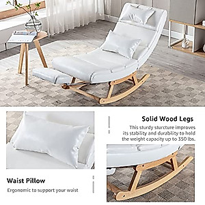 NIOIIKIT Modern Rocking Lounge Chair, Upholstered Glider Chair for Nursery, Accent Rocker Chair with Large Back & Pull Out Pedal, Lie or Sleep Lazy Chair for Living Room, Bedroom, Balcony (White PU)