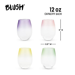 Blush Frosted Ombre Stemless Wine Glasses in Pink, Purple, Yellow, and Green, Colorful 12 Oz Set of 4