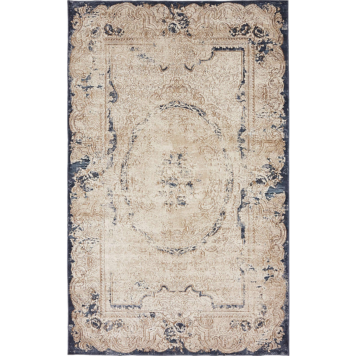 Unique Loom Chateau Collection Rustic, Vintage, Medallion, Textured, Distressed, Traditional Area Rug, 5 ft x 8 ft, Beige/Navy Blue