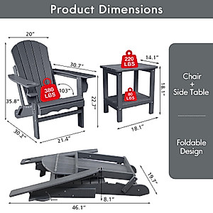 CLOUDEEP Folding Adirondack Chairs, Oversized Adirondack Chairs with Side Table and Cup Holder, Modern Composite Plastic Outdoor Furniture Chairs for Patio, Fire Pit, Porch, Backyard, Deck