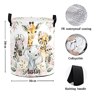 Safari Animals Floral Personalized Laundry Basket Clothes Storage with Handle Waterproof, Custom Foldable Hamper for Boys Girls Bedroom Nursery Toy