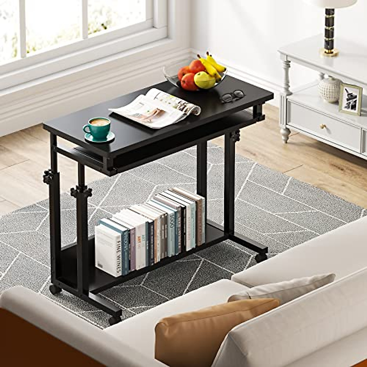 TRIBESIGNS WAY TO ORIGIN Mobile Portable Desk with Wheels, Height Adjustable Laptop Table Standing Rolling Computer Desk, Small Standup Desk with Keyboard Tray for Sofa and Bed, Home, Office, Black