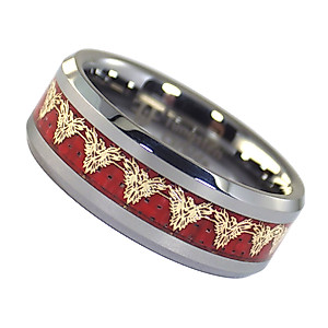 Fantasy Forge Jewelry Tungsten Gold Phoenix Ring Mens Womens Red Carbon Fiber Wedding Band 8mm Size 9.5