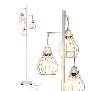Brightech Teardrop LED Floor Lamp – Tree Standing Lamp with 3 Elegant Cage Heads & Edison Bulbs – Standing Lamp for Living Rooms & Offices – Tall Standing Lamp Ideal for Bedroom Reading – Alpine White