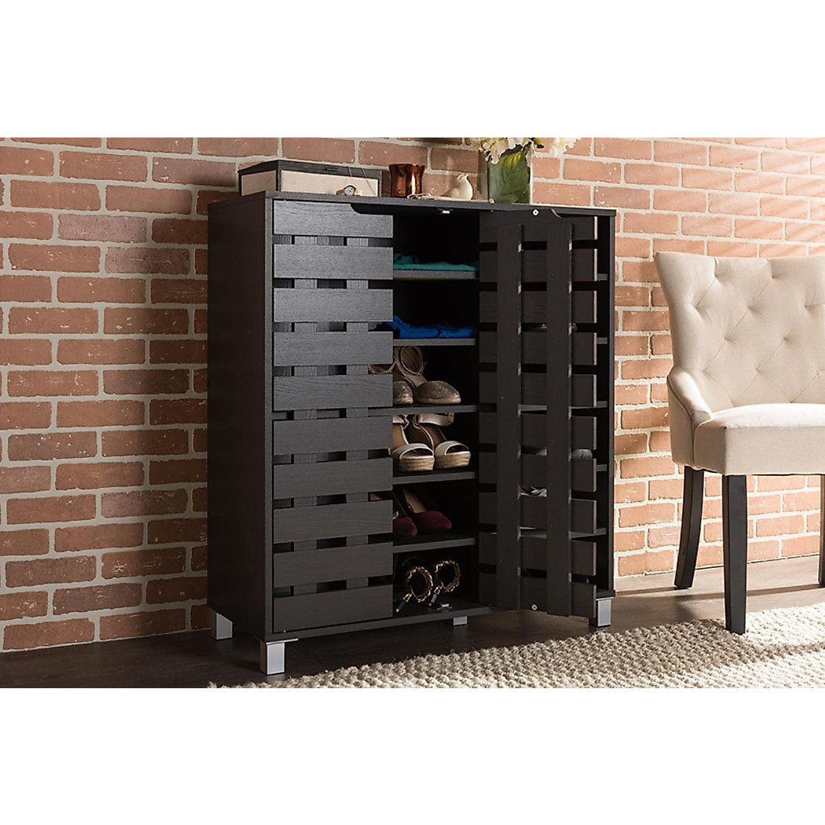 Baxton Studio Shirley Modern & Contemporary Wood 2-Door Shoe Cabinet with Open Shelves, Dark Brown