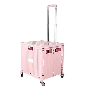 130LB Shopping Cart Folding Utility Cart Collapsible Shopping Handcart w/4 Wheels Rolling (Pink)