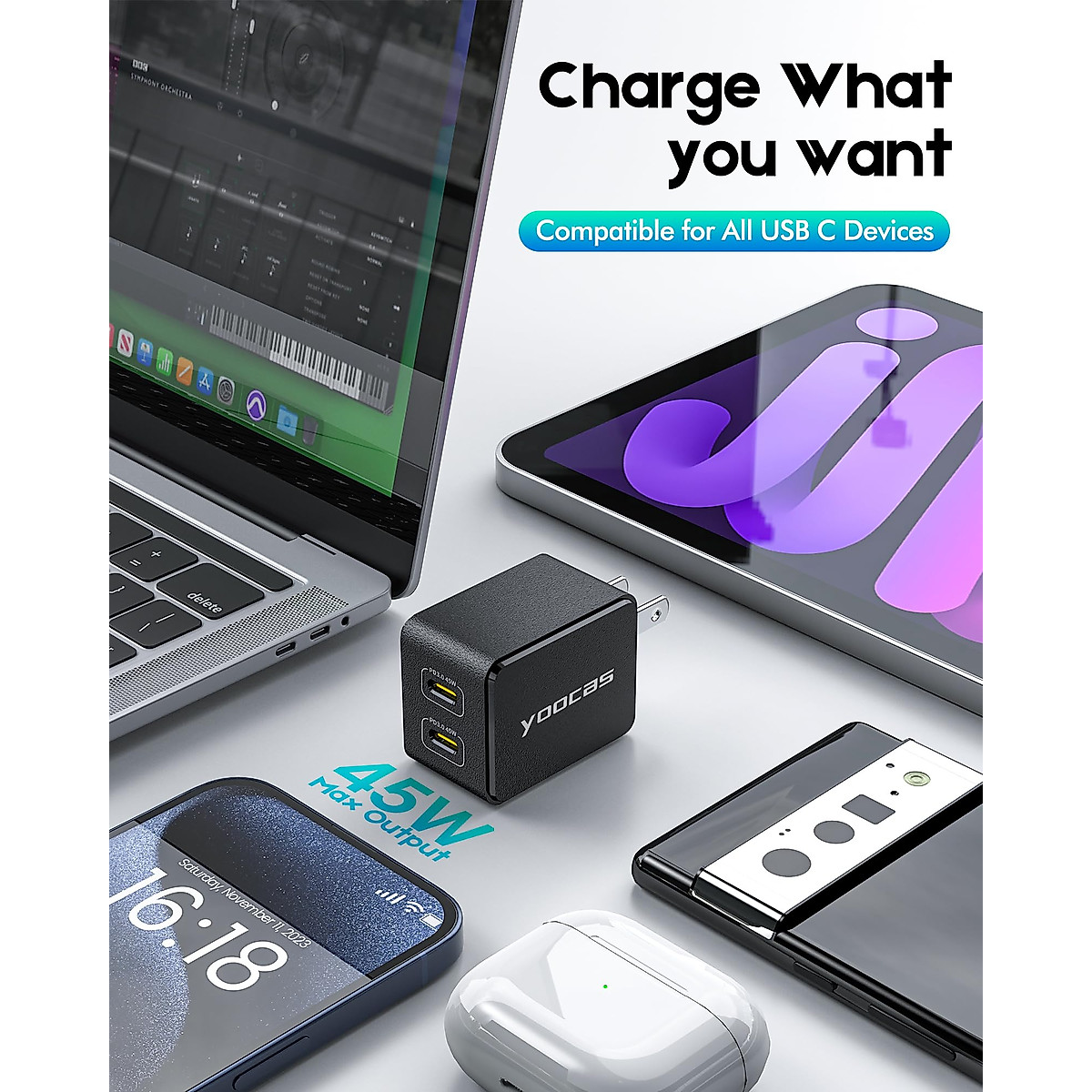 Yoocas 45W Super Fast Charger USB C,2 Ports Type C Wall Charger,Mini Foldable PD PPS Gan Charger Block for Galaxy S23 Ultra,Note 20,iPhone 15,iPad Pro,Laptop,MacBook Power Adapter,Steam Deck-Black