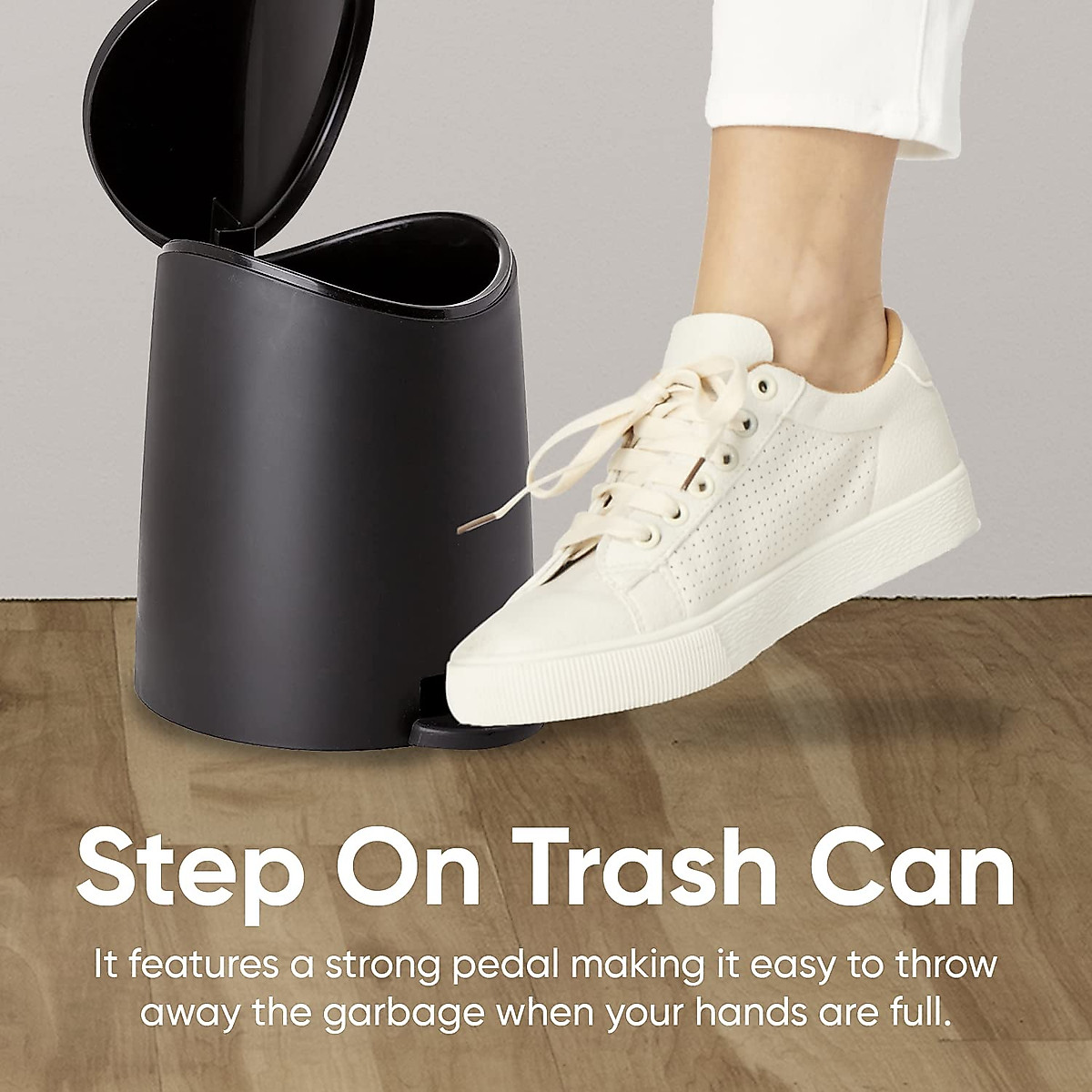 Superio Mini Plastic Bathroom Trash Can with Lid 3 Liter Black Modern Curved Step On Trash Can with Foot Pedal, Mini Kitchen Waste Bin, Durable and Soft Close for Bedroom, Office, Under Desk