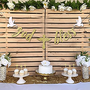 YESSWL God Bless Banner - Golden Glitter Boy/girl Baptism Banner, God Bless Banner Baptism, First Holy Communion Baby Shower Banner Party Decorations, Baby Baptism Shower