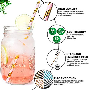 KEDON Pink Gold Paper Straws 100, Disposable Cake Pop Sticks Metallic Gold Striped Star Decorative Pink Straws for Drinking Cocktail Bachelorette Wedding Crafts Baby Bridal Shower Gender Reveal