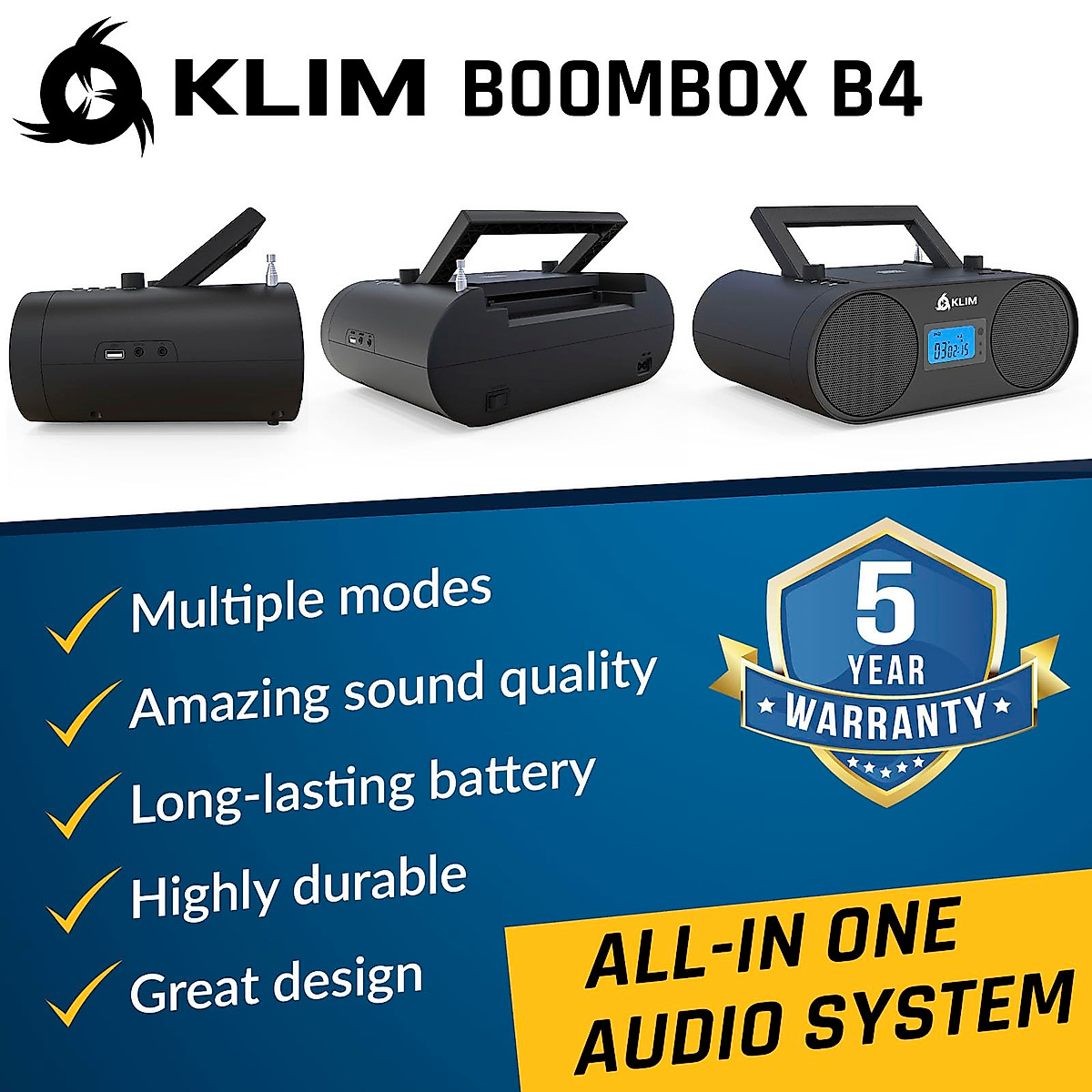 KLIM® Boombox B4 CD Player Portable Audio System - New 2024 - AM/FM Radio with CD Player MP3 Bluetooth AUX USB - Wired & Wireless Mode Rechargeable Battery - Remote Control Autosleep Digital EQ