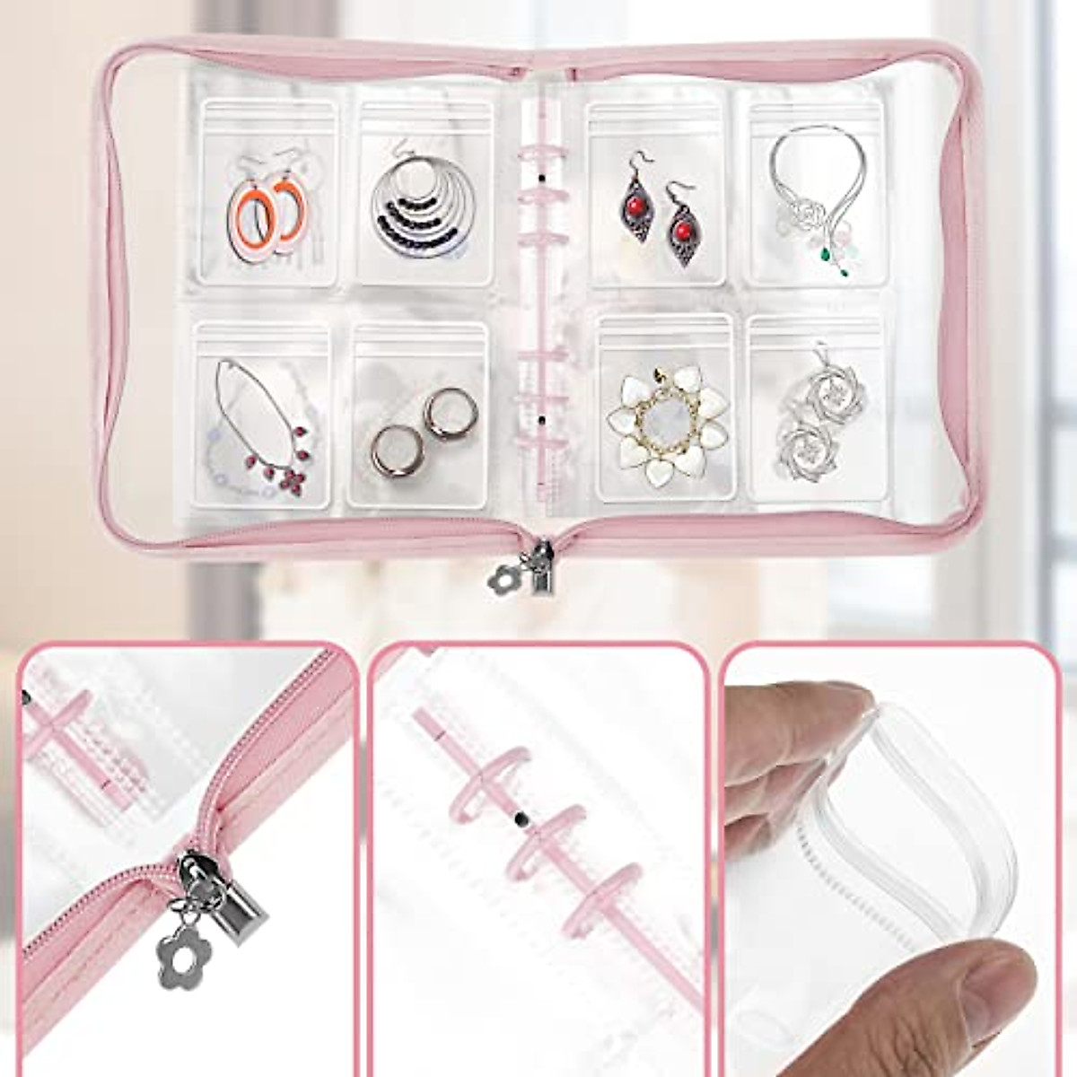Transparent Jewelry Organizer, Jewelry Storage Book with Pockets, Travel Jewelry Storage Album Binder Zipper Pouch Bag for Necklaces Earrings Ring Display - 80 Grids+80 Anti-Oxidation PVC Bags