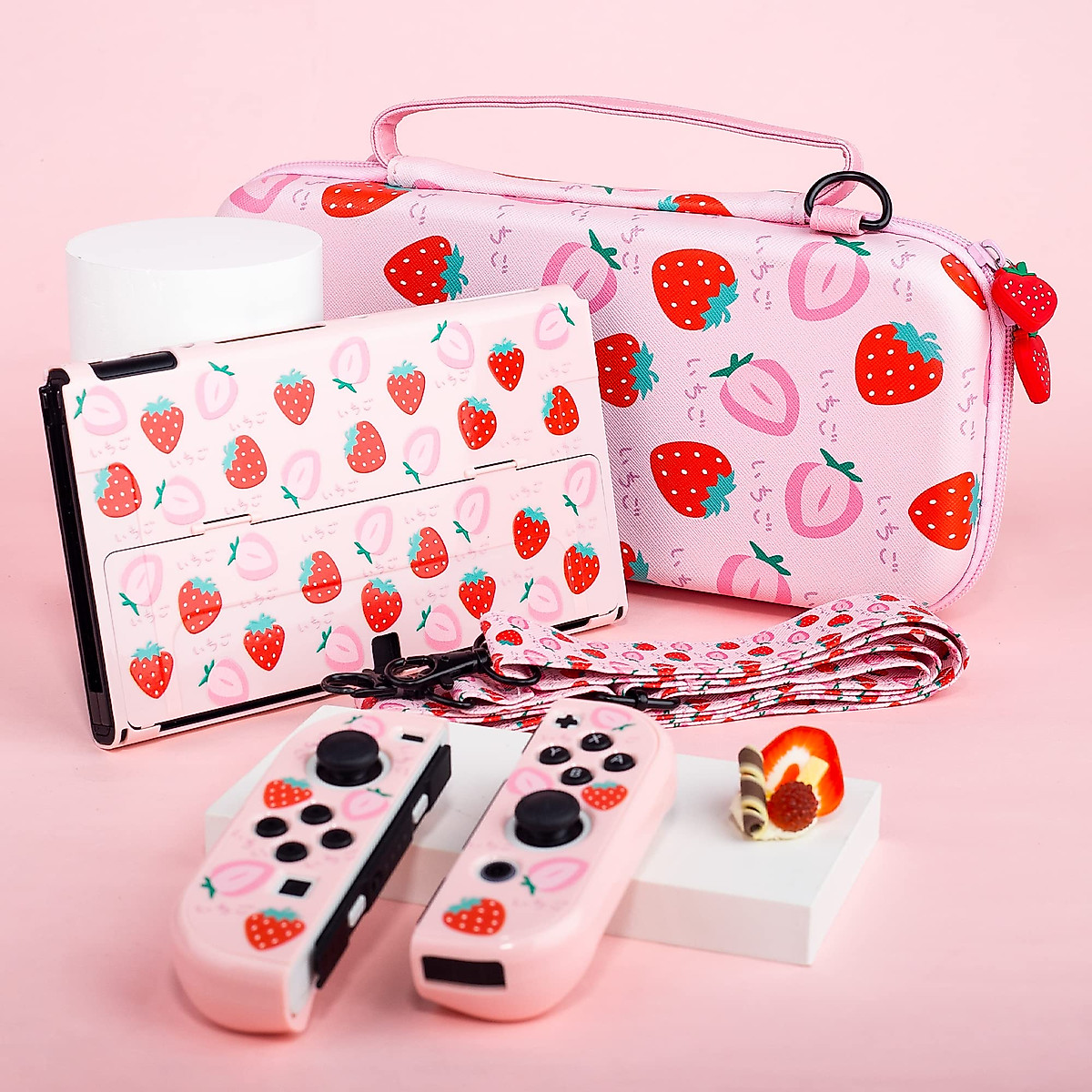 RHOTALL 6 in 1 Cute Strawberry Carrying Case Set for Nintendo Switch OLED,Portable Pink Travel bundle Case for Switch OLED Accessories,Protective Cover,Screen Protector,Shoulder Strap and 2 Thumb Caps